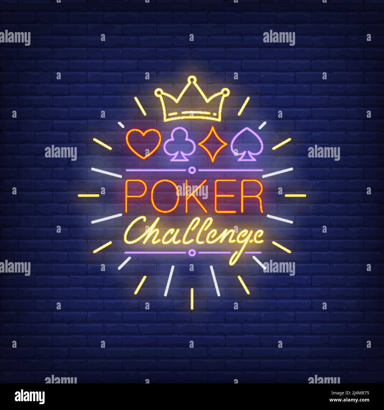 Poker challenge neon text with crown and suits symbols. Poker club and ...