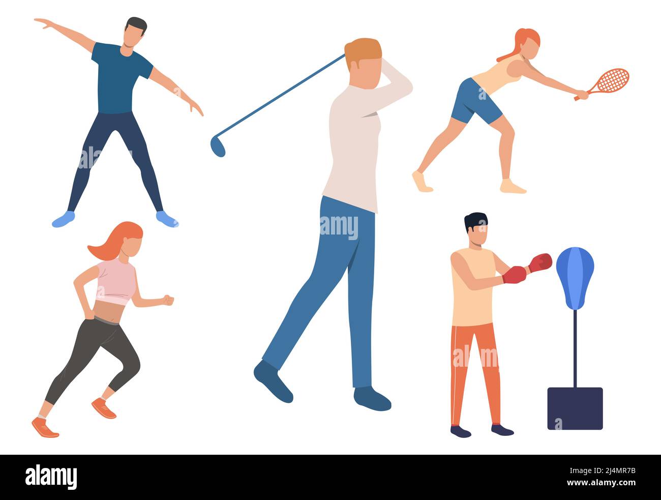 Set of weekend activities. Men and women playing tennis and golf ...