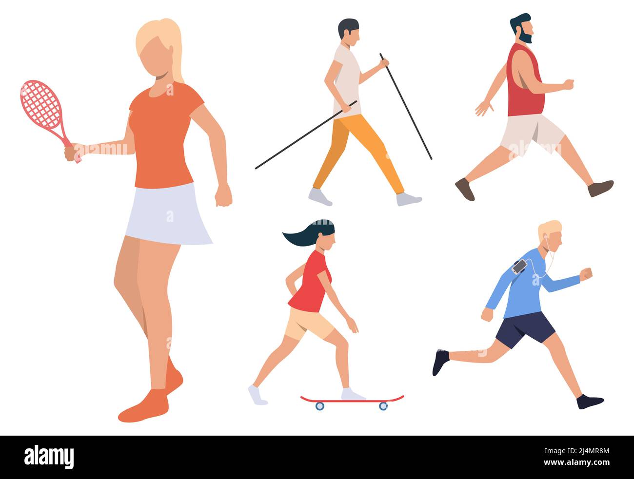 Set of summer activities. Men and women playing tennis, walking ...