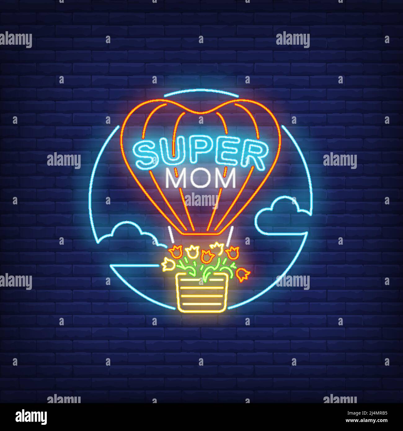 Super mom neon text and hot air balloon with flowers. Happy Mothers Day ...