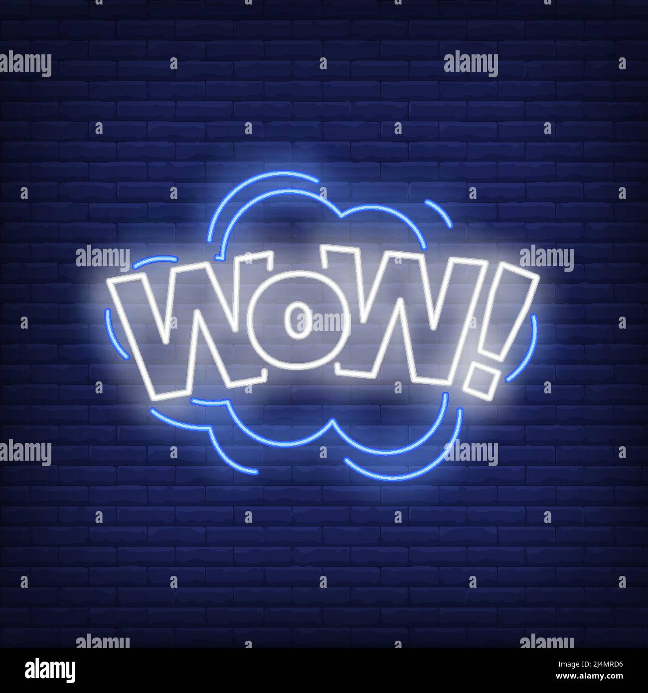 WOW lettering neon sign. Word in cloud on brick wall background. Vector ...