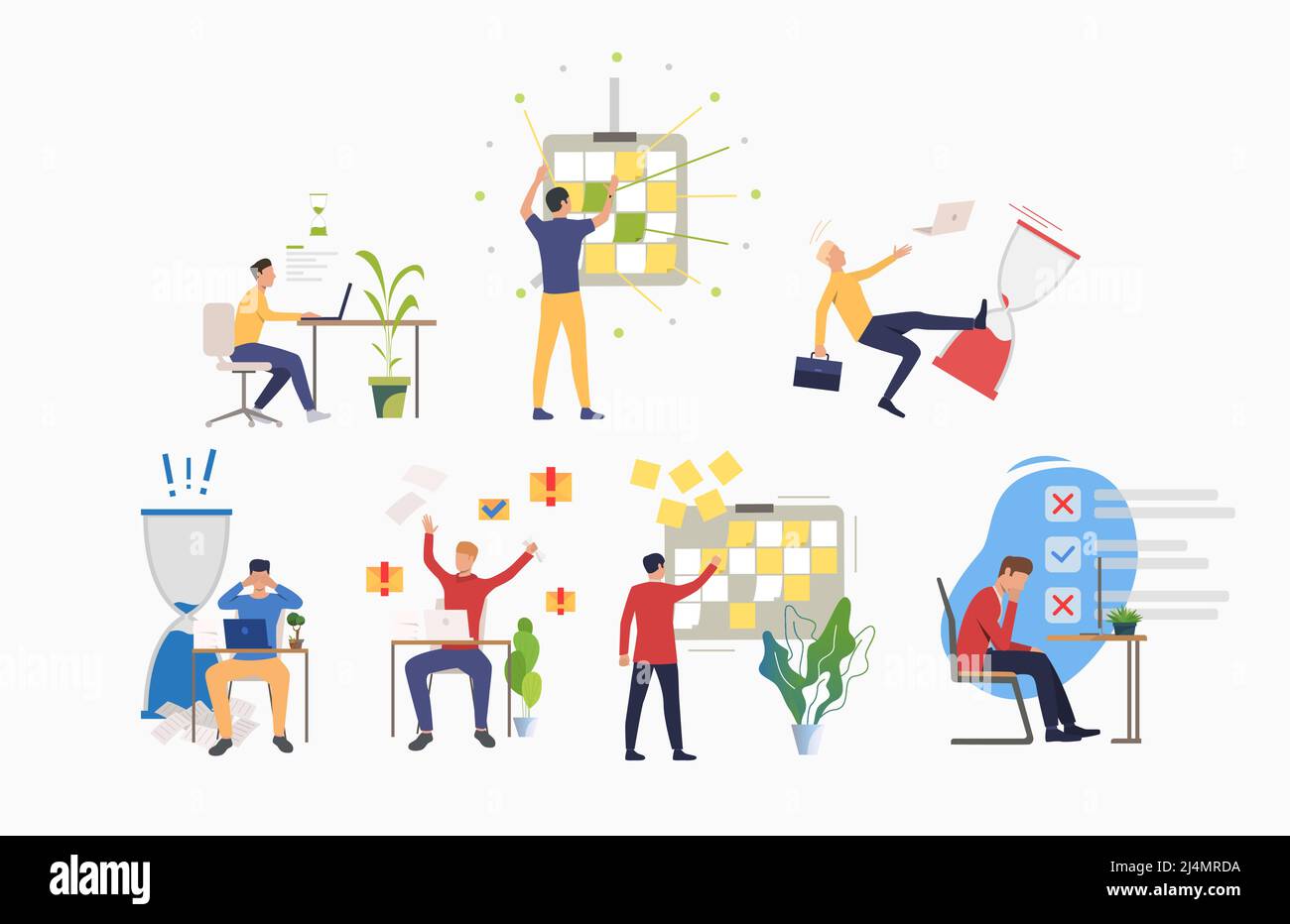 Set of time management activities. Man working at laptop, sticking ...