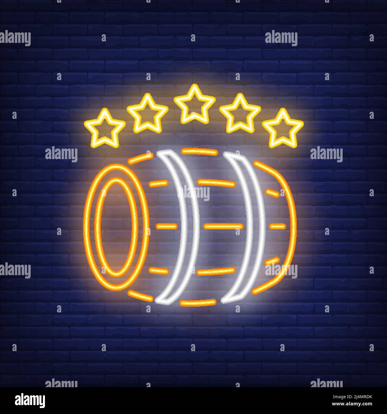 Wooden barrel with five stars neon sign. High quality alcoholic drink ...