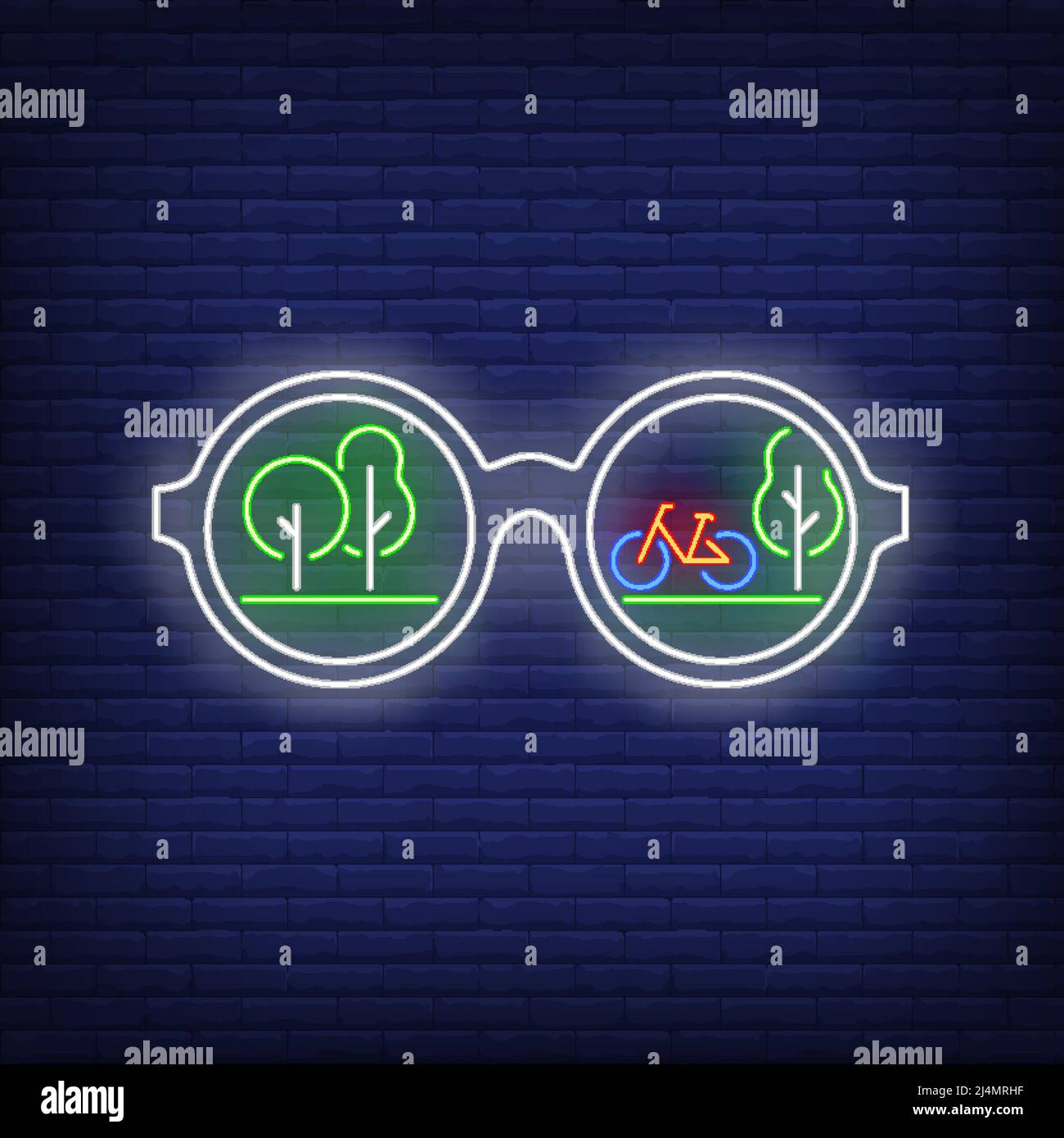 Sunglasses with green trees and bicycle reflection neon sign. Tourism ...