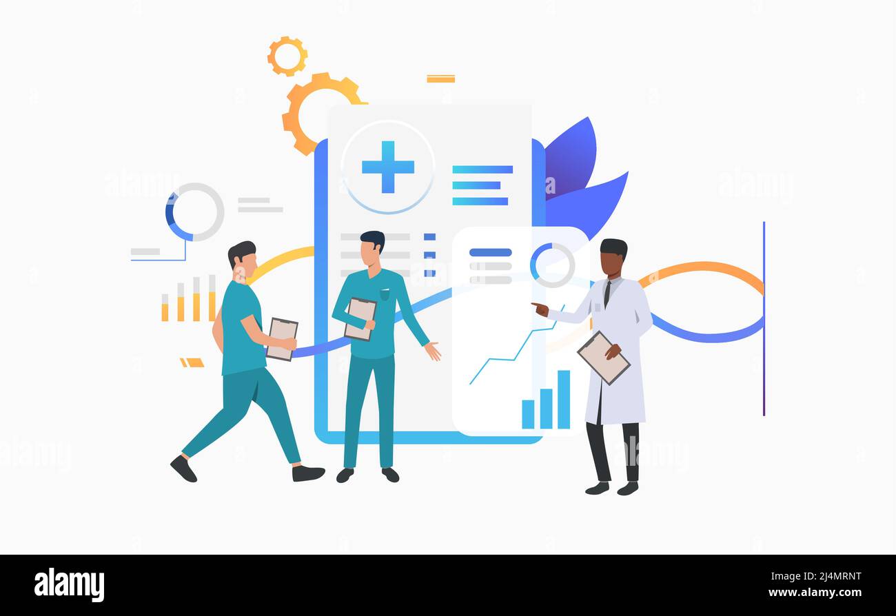 Doctor and technicians discussing medical record vector illustration ...