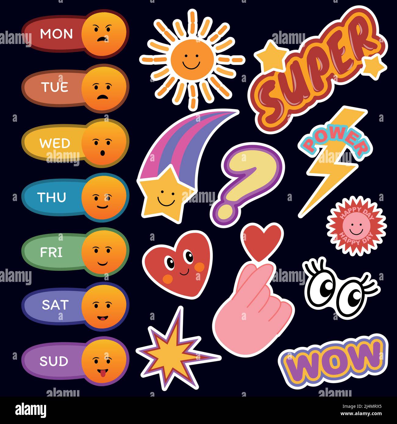 Big set modern stickers pask, days of the week with emotions Stock ...