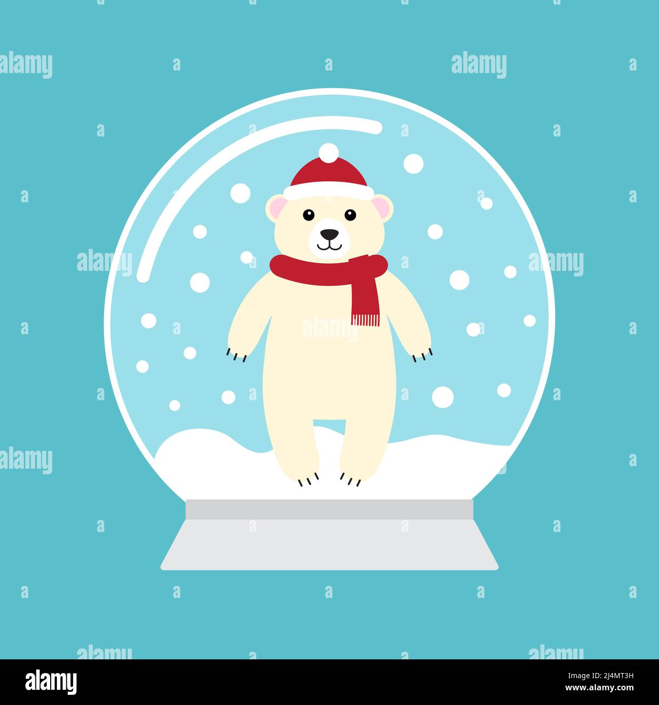 Vector flat cartoon snowball with polar bear isolated on blue ...