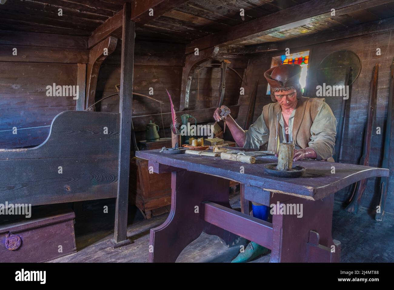 La Rabida, Spain, May 21, 2021: Interior of a replica of Columbus ship ...