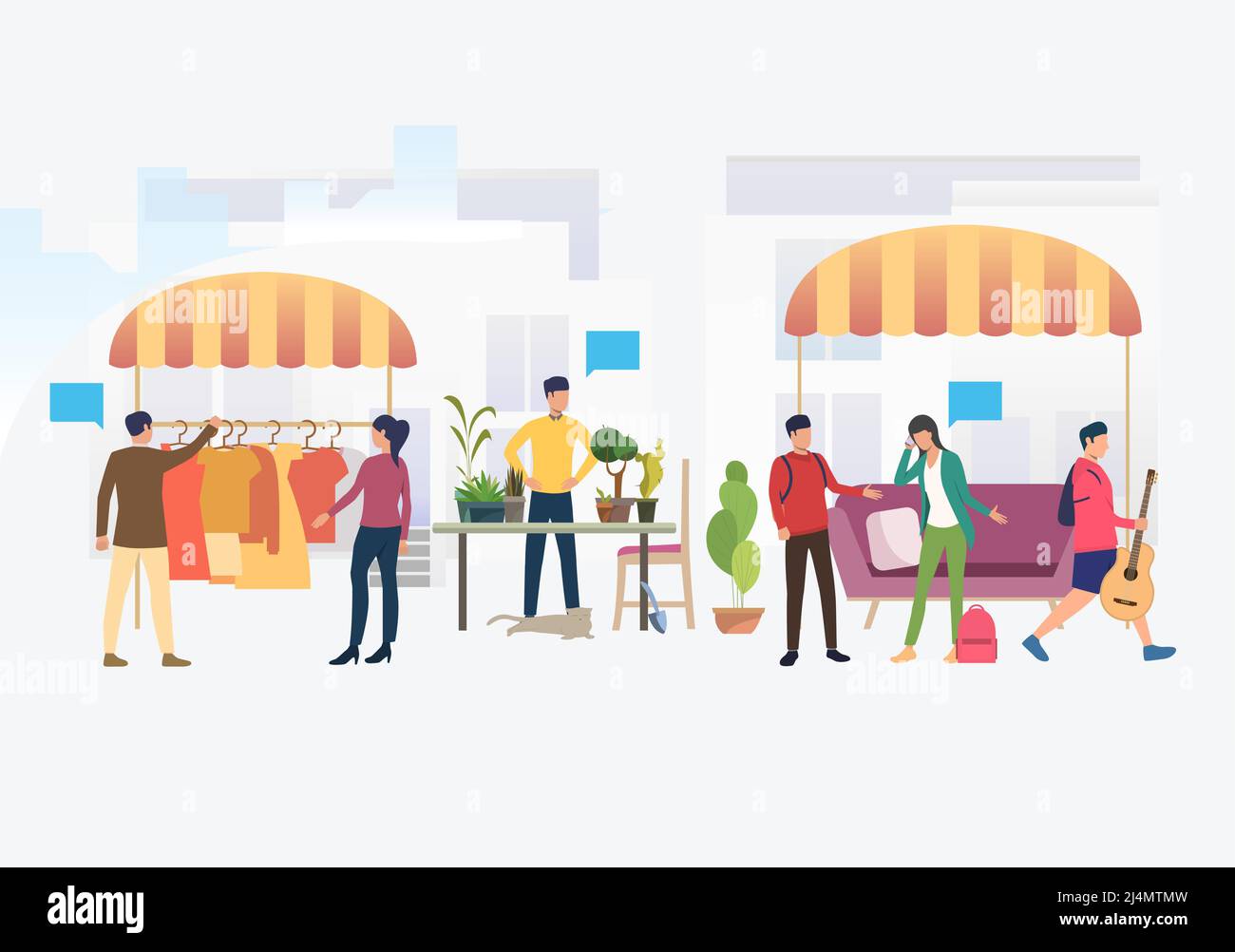 People shopping and selling clothes and plants outdoors. Buying, street ...