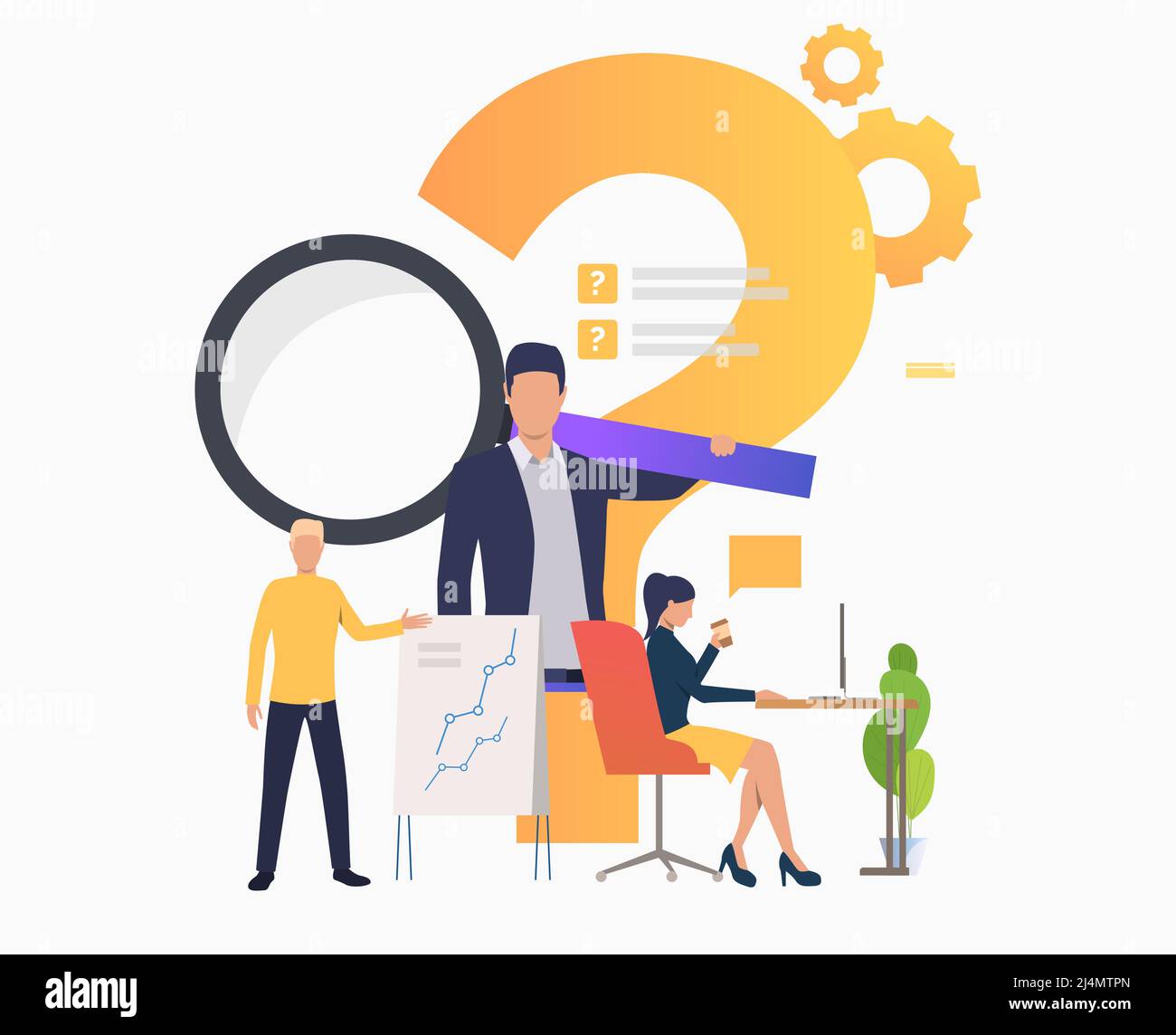 Man explaining chart, woman working with laptop vector illustration ...