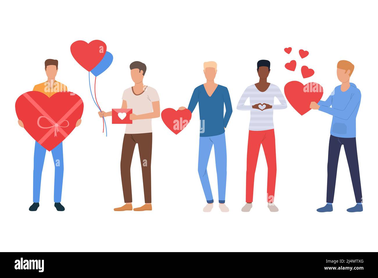 Set of men in love. Guys holding red heart, heart shaped air balloon ...