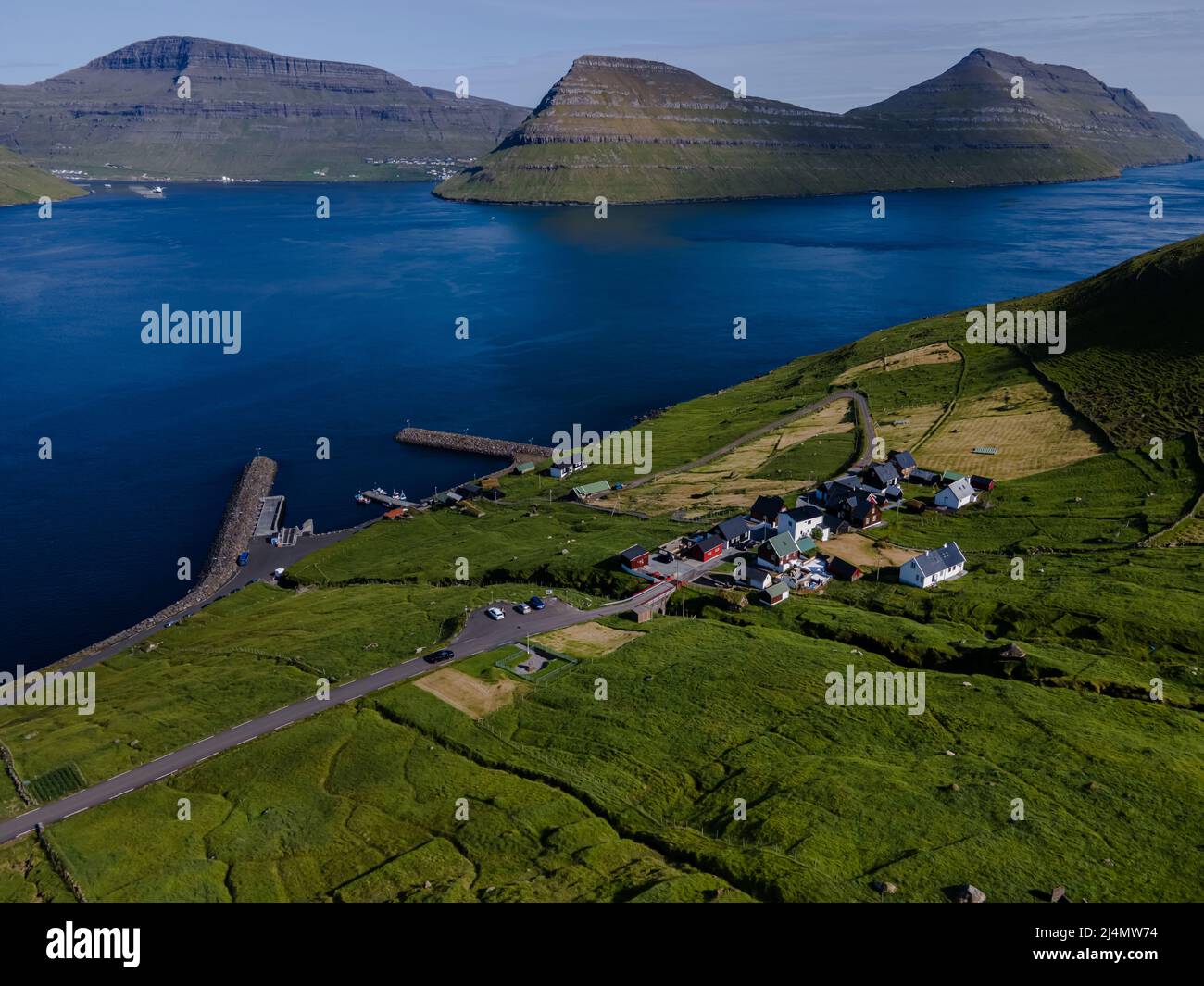 Beautiful aerial view of the Kallur Lighthouse in the Faroe Islands ...