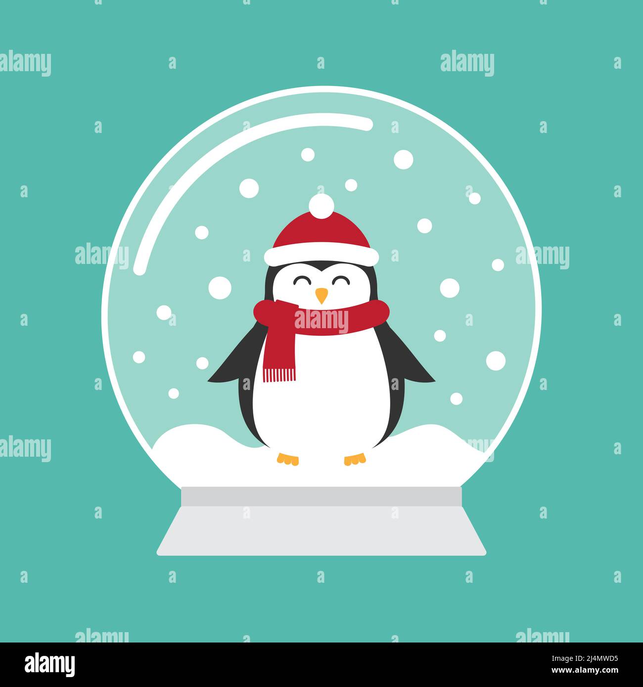 Vector flat cartoon snowball with penguin isolated on mint background ...