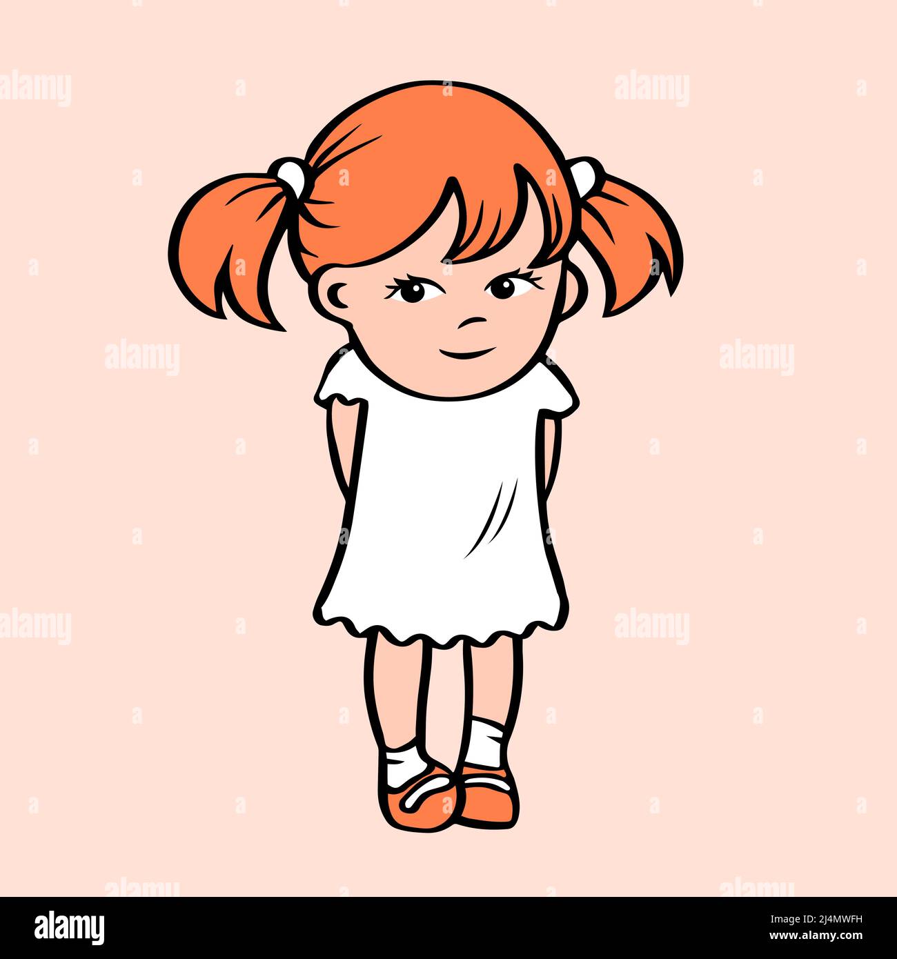 A cute little girl is standing in a dress. Cartoon character. Preschool ...