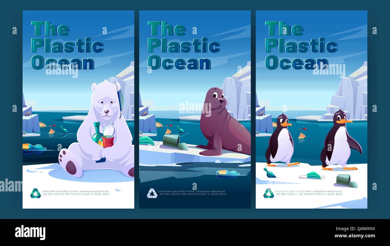 Plastic ocean banners with polar bear, seal and penguins on glacier and ...