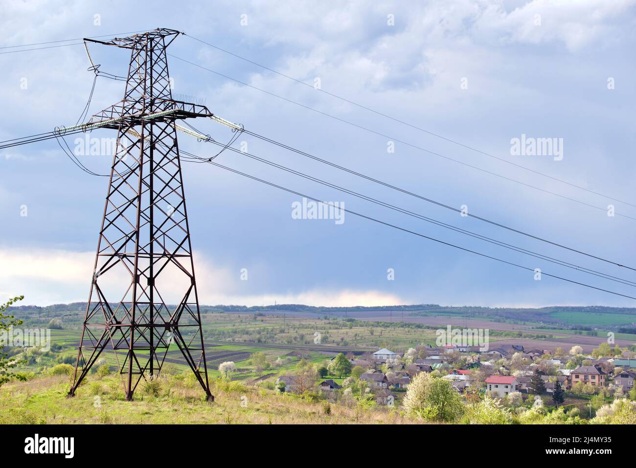 Steel pillar with high voltage electric power lines delivering ...