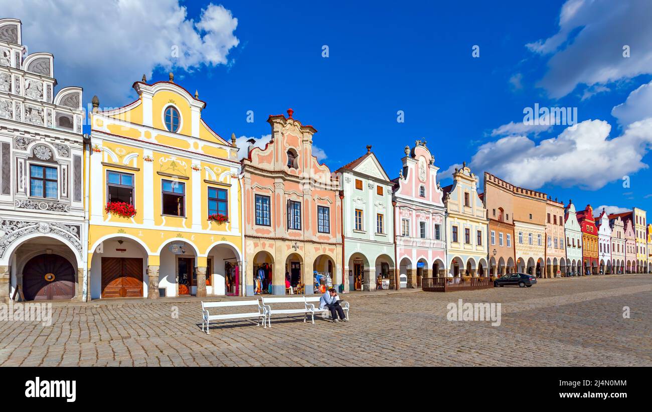 Telc, Czechia - October 10, 2009: Colorful renaissance houses on the ...