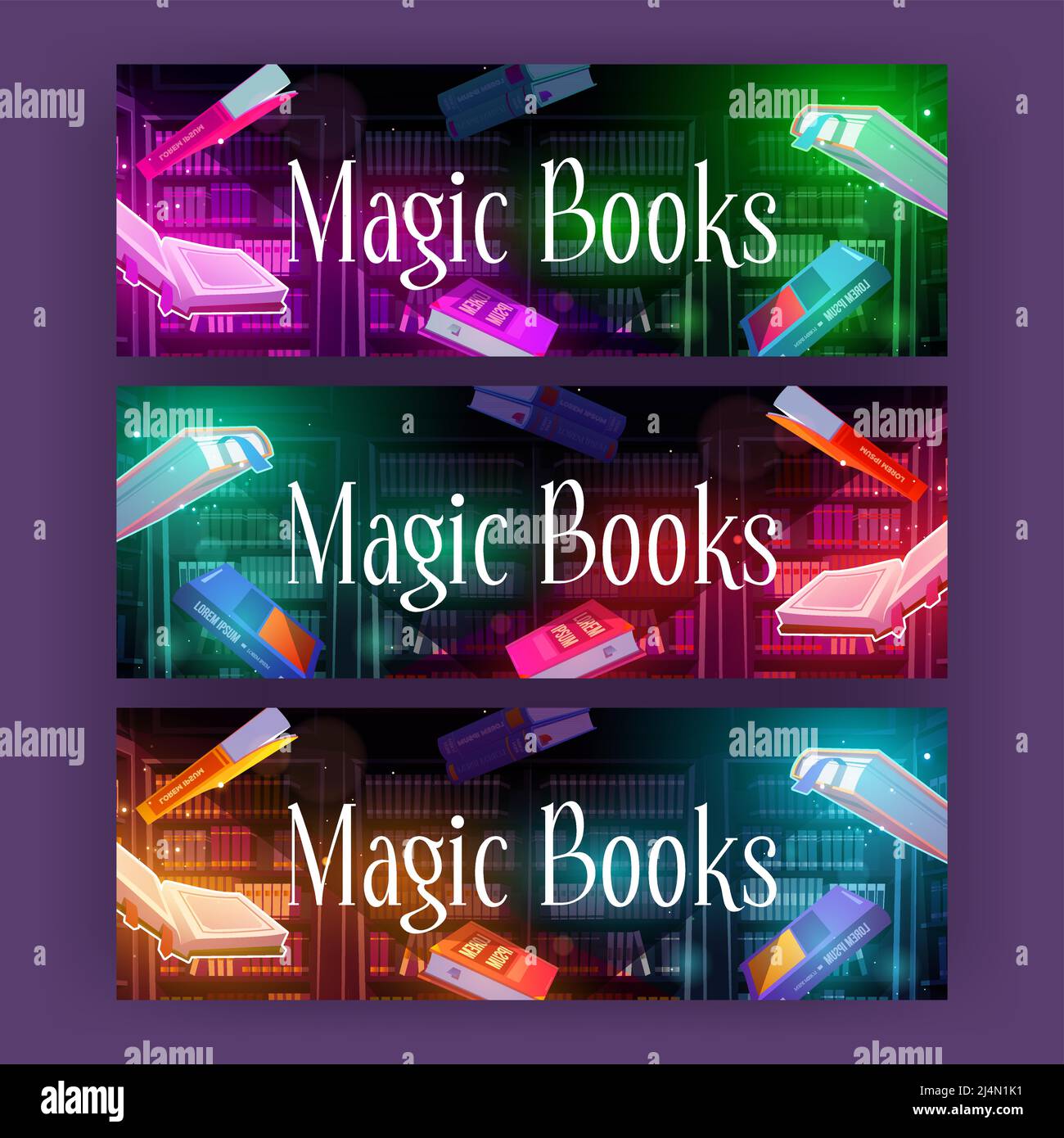 Magic books posters with mystic interior of library or store with ...