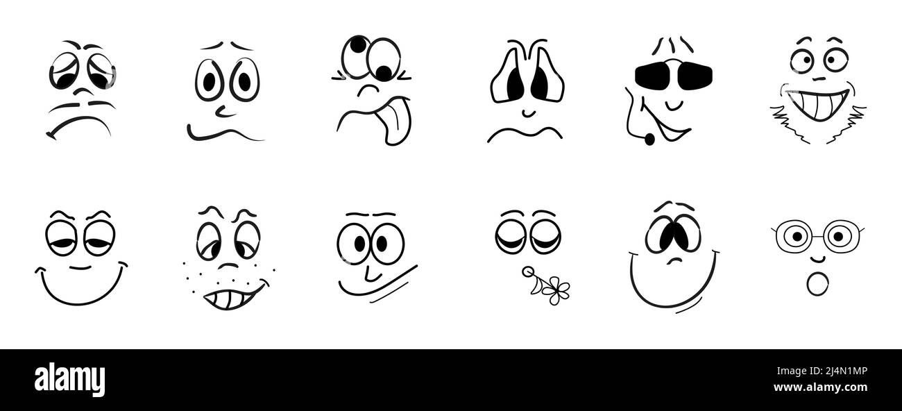 Crazy faces vector set in line art style. Emotion, avatar, caricature ...