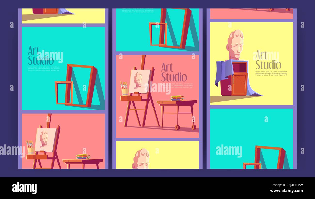 Art studio posters with canvas on easel, brushes and bust. Vector ...