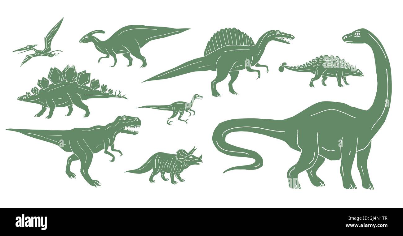 Vector set bundle of green hand drawn doodle sketch dinosaurs isolated ...
