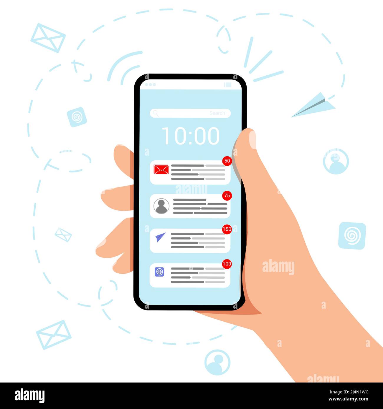 Hand holding mobile phone with new email icon. Chat message ...