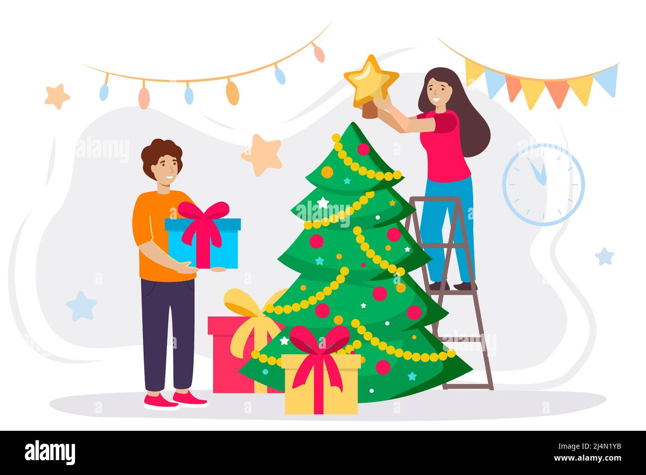 Happy man and woman decorates a Christmas tree vector illustration of a ...