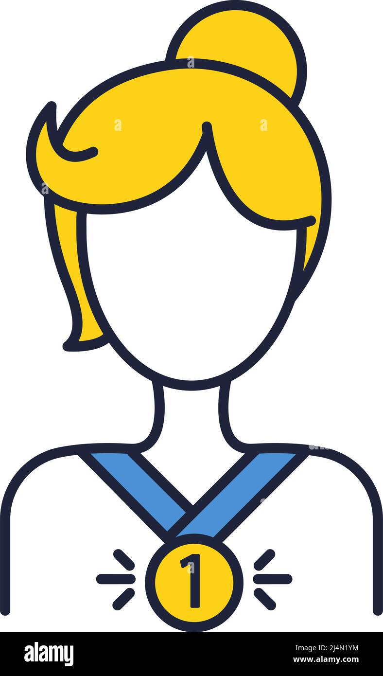 Woman win with medal icon vector portrait. Employee or sport athlete ...