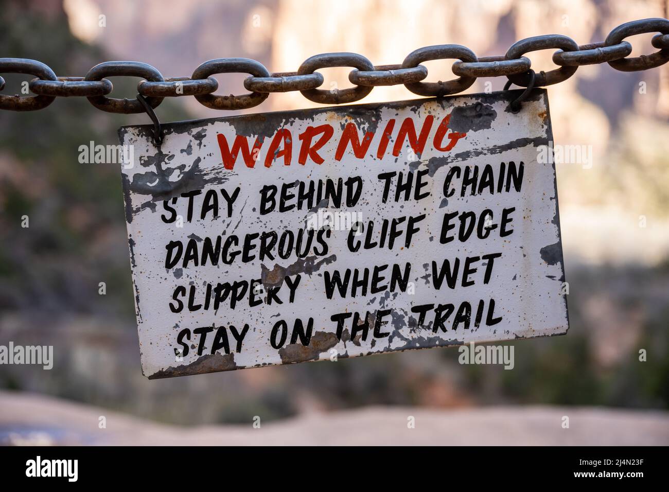 Chipped Paint On Dangerous Cliff Warning Sign in Zion National Park ...