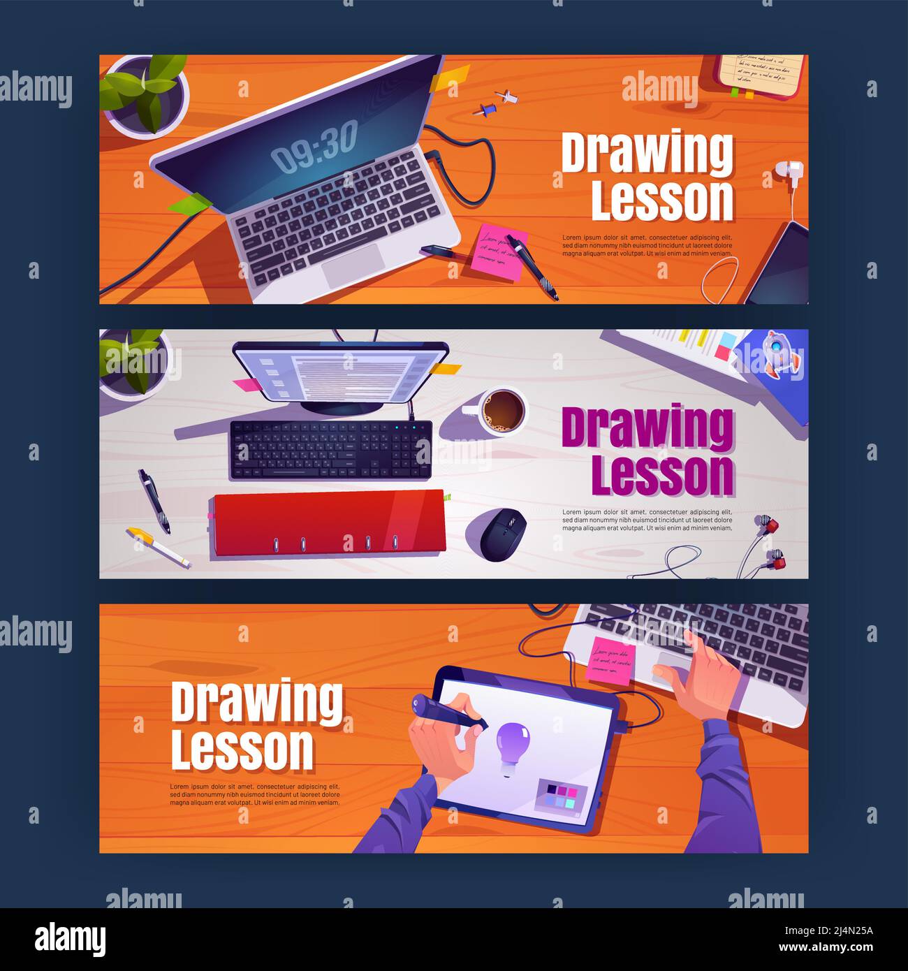 Drawing lesson posters with digital artist workplace top view. Vector ...