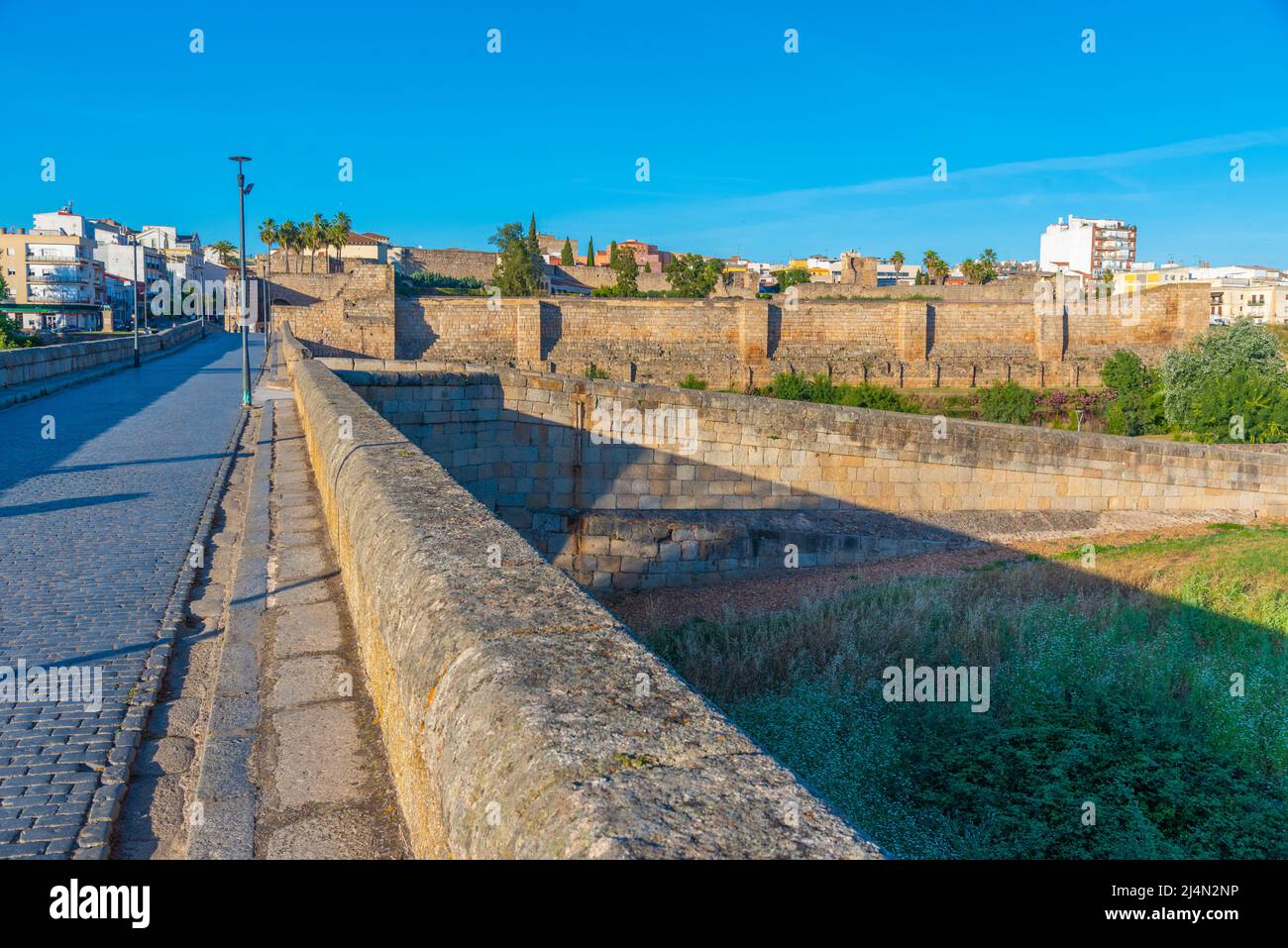 Roman bridge and Alcazaba fortress alongside river Guadiana in Merida ...