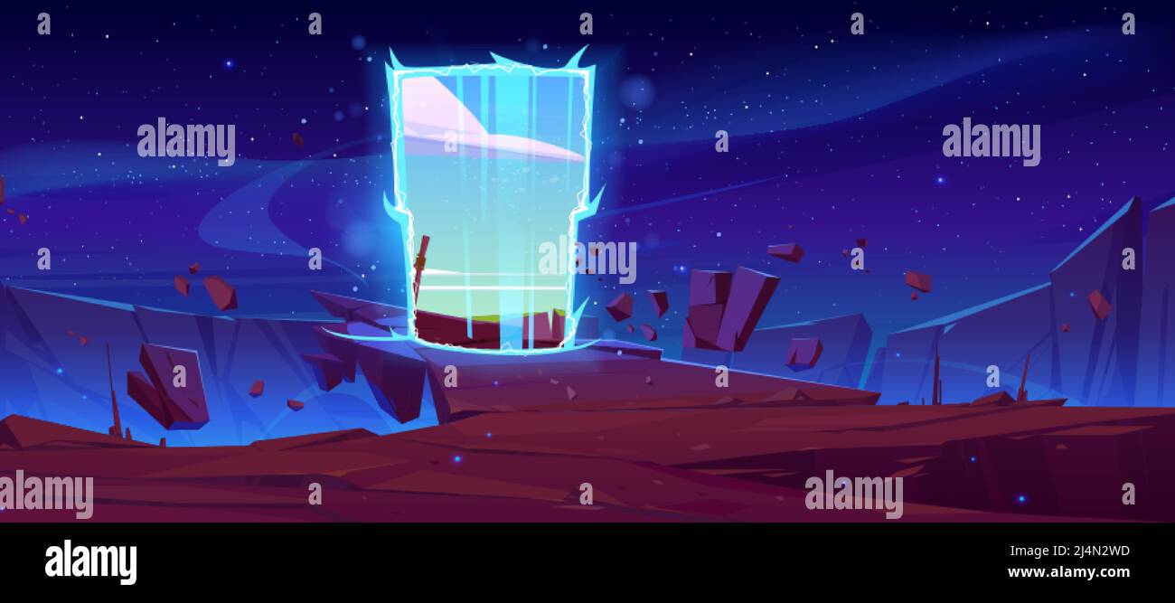 Magic portal on mountain cliff with flying rocks around. Fantastic book ...