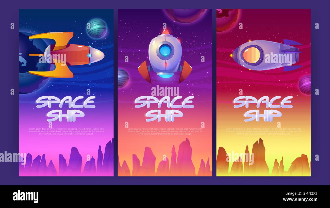 Spaceship posters with rockets flying above alien planet surface ...