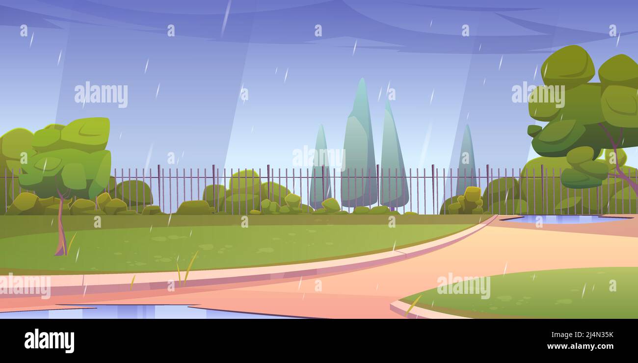 Park at rainy day, city area with paths, fence, green lawns and trees ...