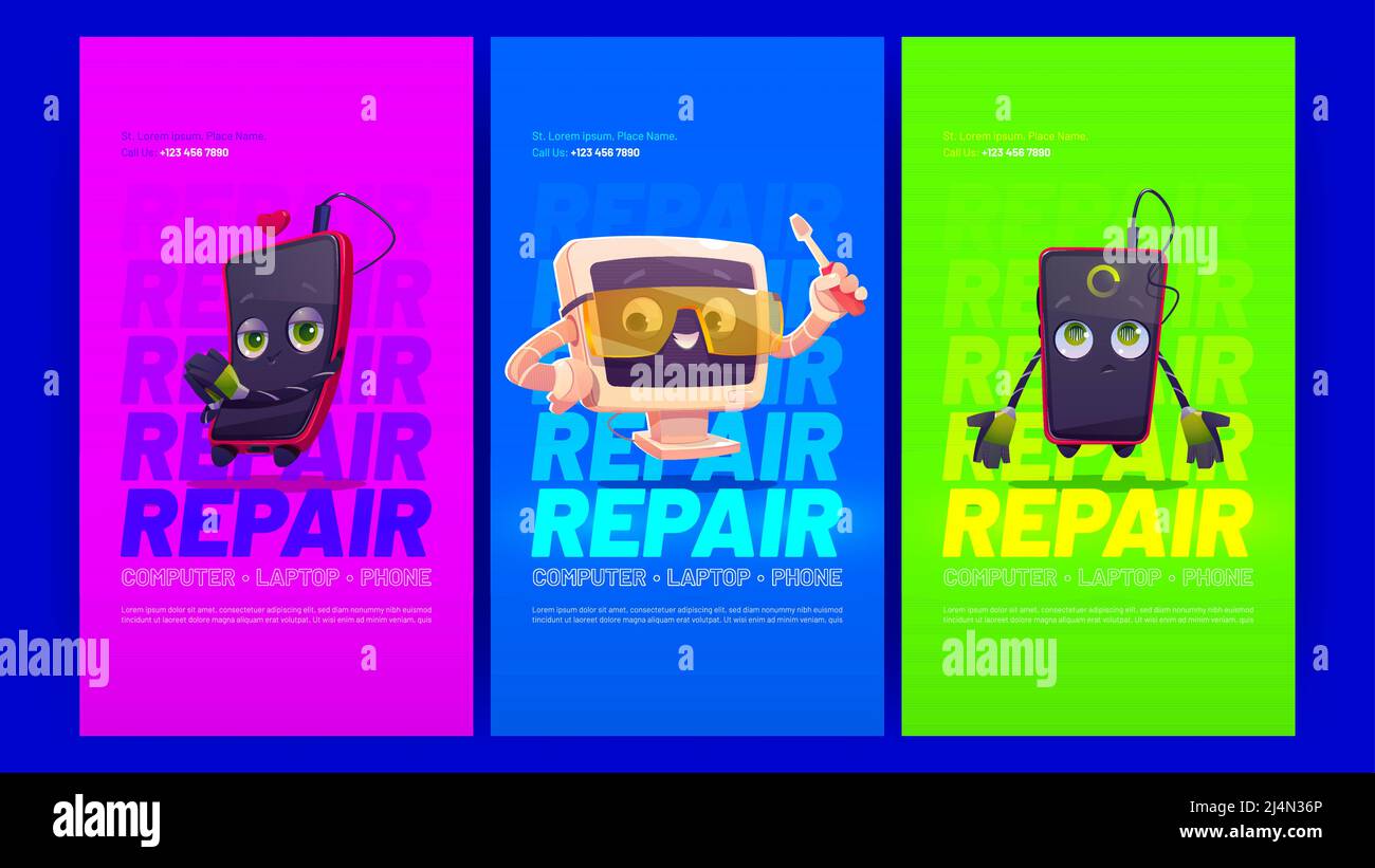Repair service posters with smartphone and computer under renovation ...