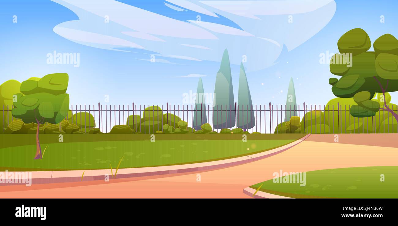 Summer park or garden with green trees, bushes, grass and fence. Vector ...