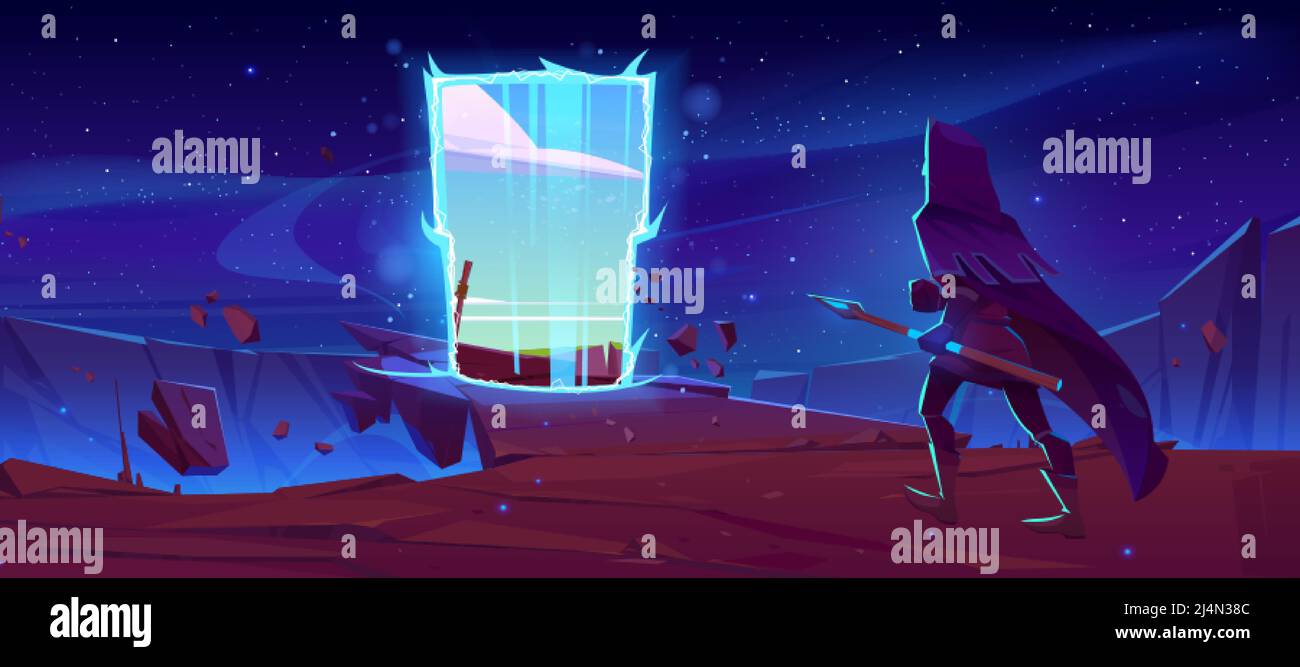 Knight go to magic portal on mountain ledge at night. Vector cartoon ...