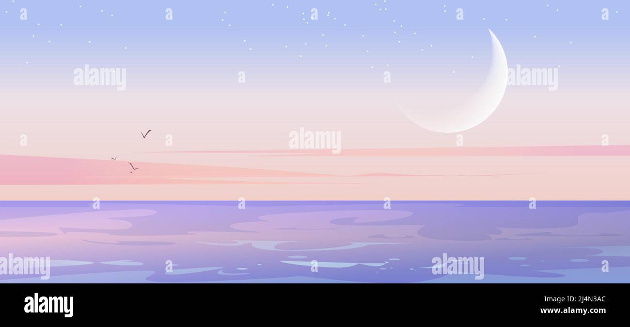 Sea landscape with moon and stars in sky in early morning. Vector ...