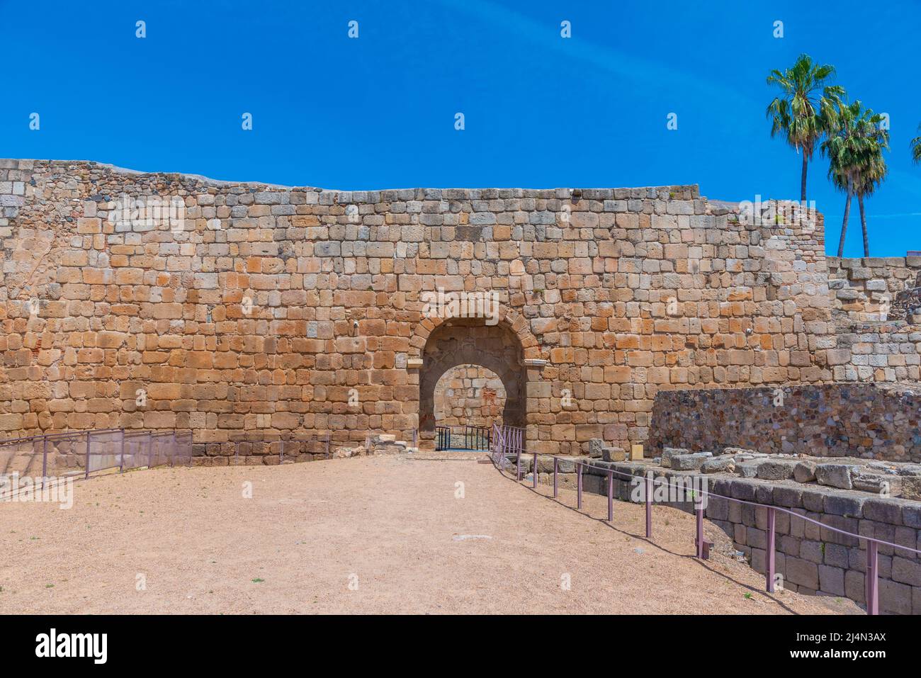 Alcazaba fortress alongside river Guadiana in Merida, Spain Stock Photo ...