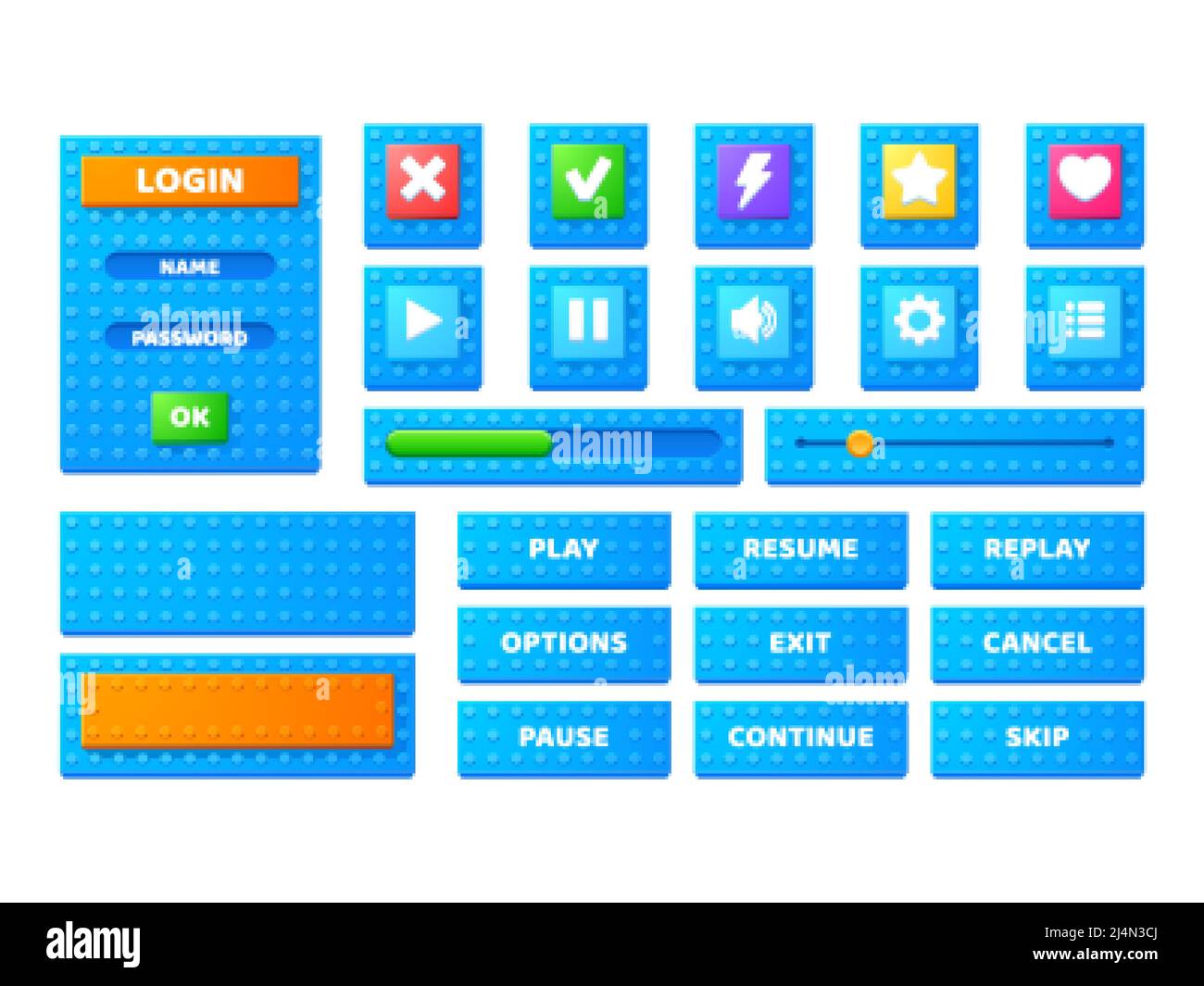 Set game menu elements block toy texture. Cartoon buttons, options ...