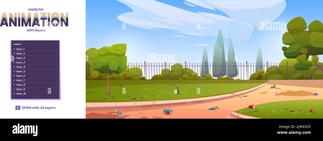 Dirty city park with scatter garbage cartoon background for game ...