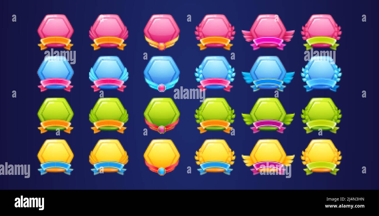 Set of glossy award badges, ranking game level ui icons. Empty hexagon ...