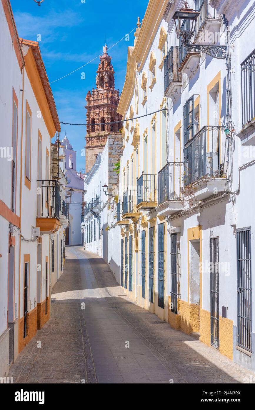 White street in the old town of Spanish city Jerez de los Caballeros ...