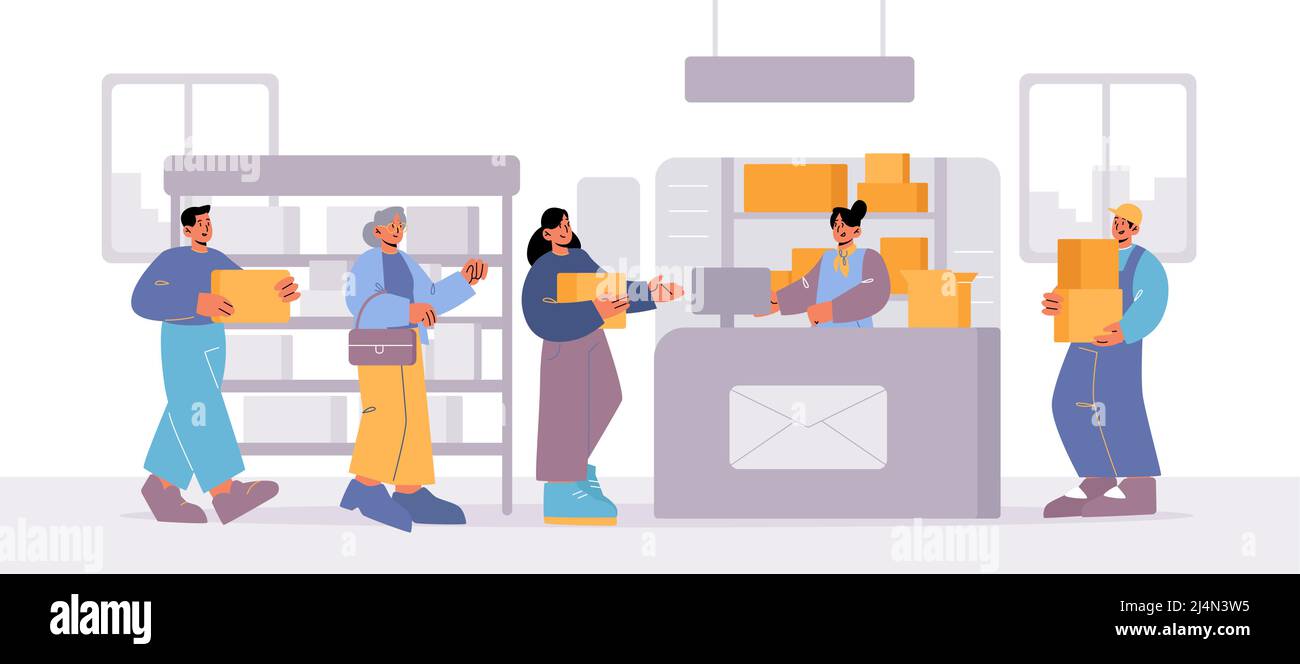 People visit post office. Men and women customers stand in queue on ...