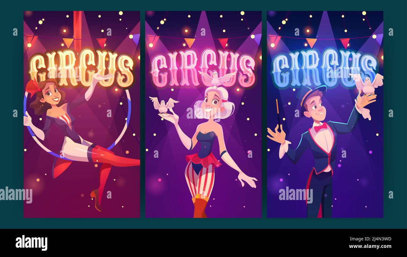Circus magic show performance cartoon posters. Big top tent artists ...