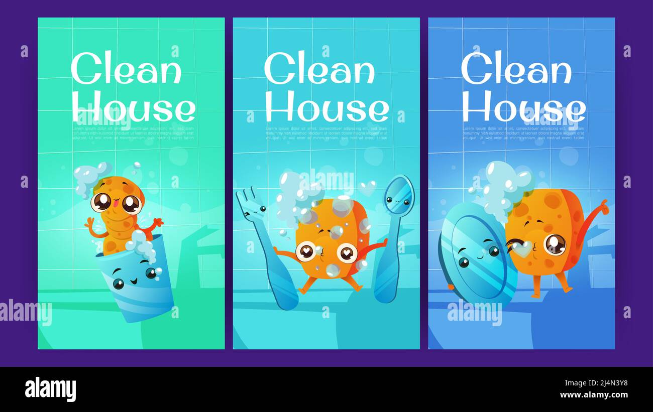 Clean house cartoon posters with cute cleaning sponge characters ...
