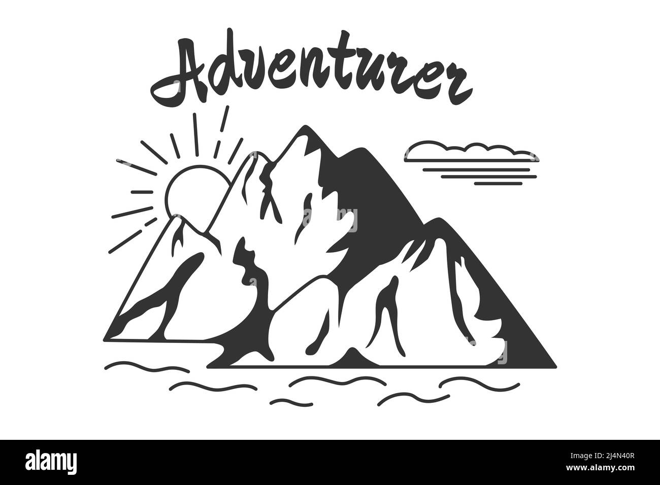vintage mountains and retro lettering adventurer vector illustration ...