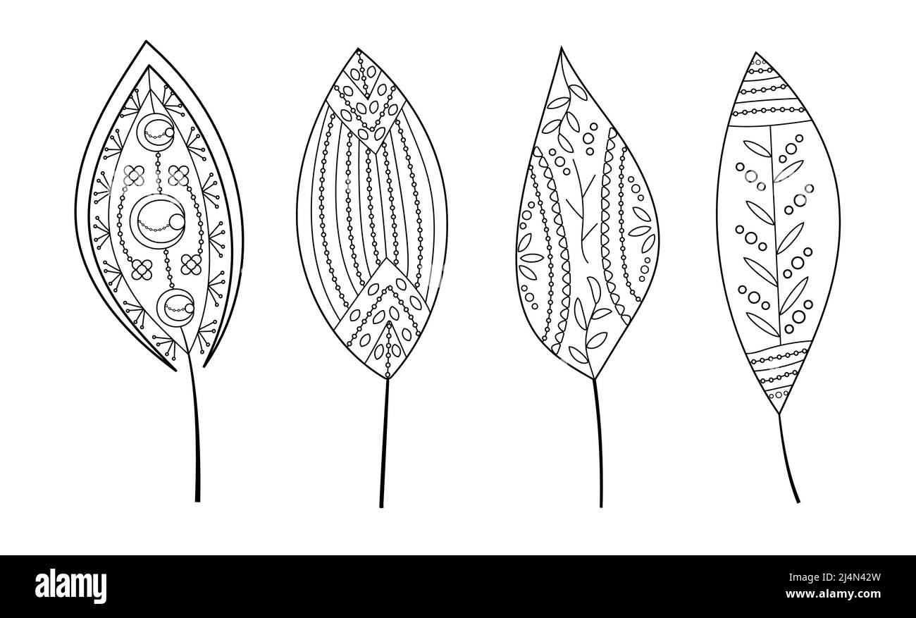Leaves vector set in line art style. Ethnic tribal leaf in hand drawn ...