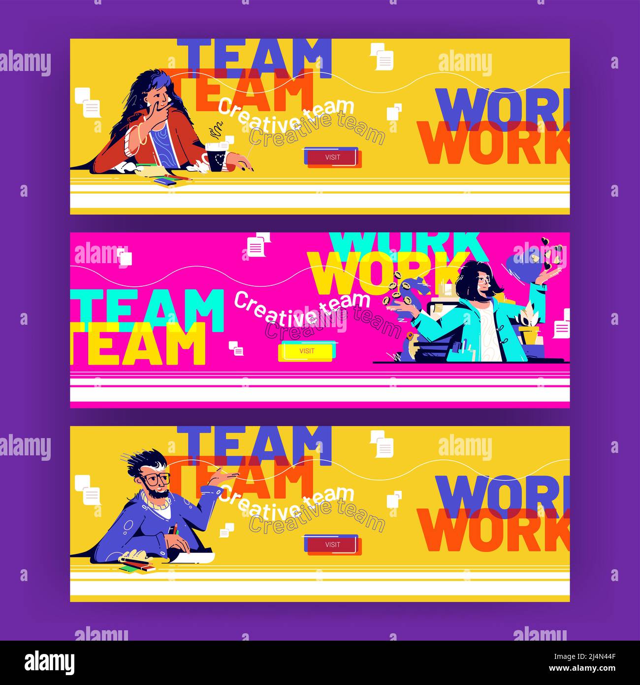 Team work cartoon web banners with business people think idea, creative ...