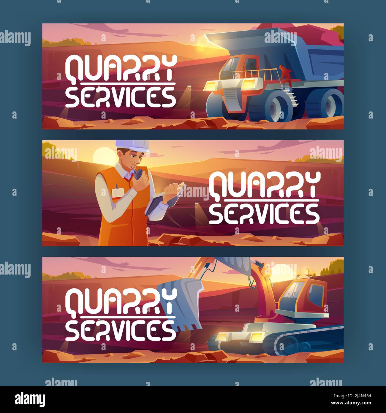 Quarry services banners with engineer in helmet and machines in ...
